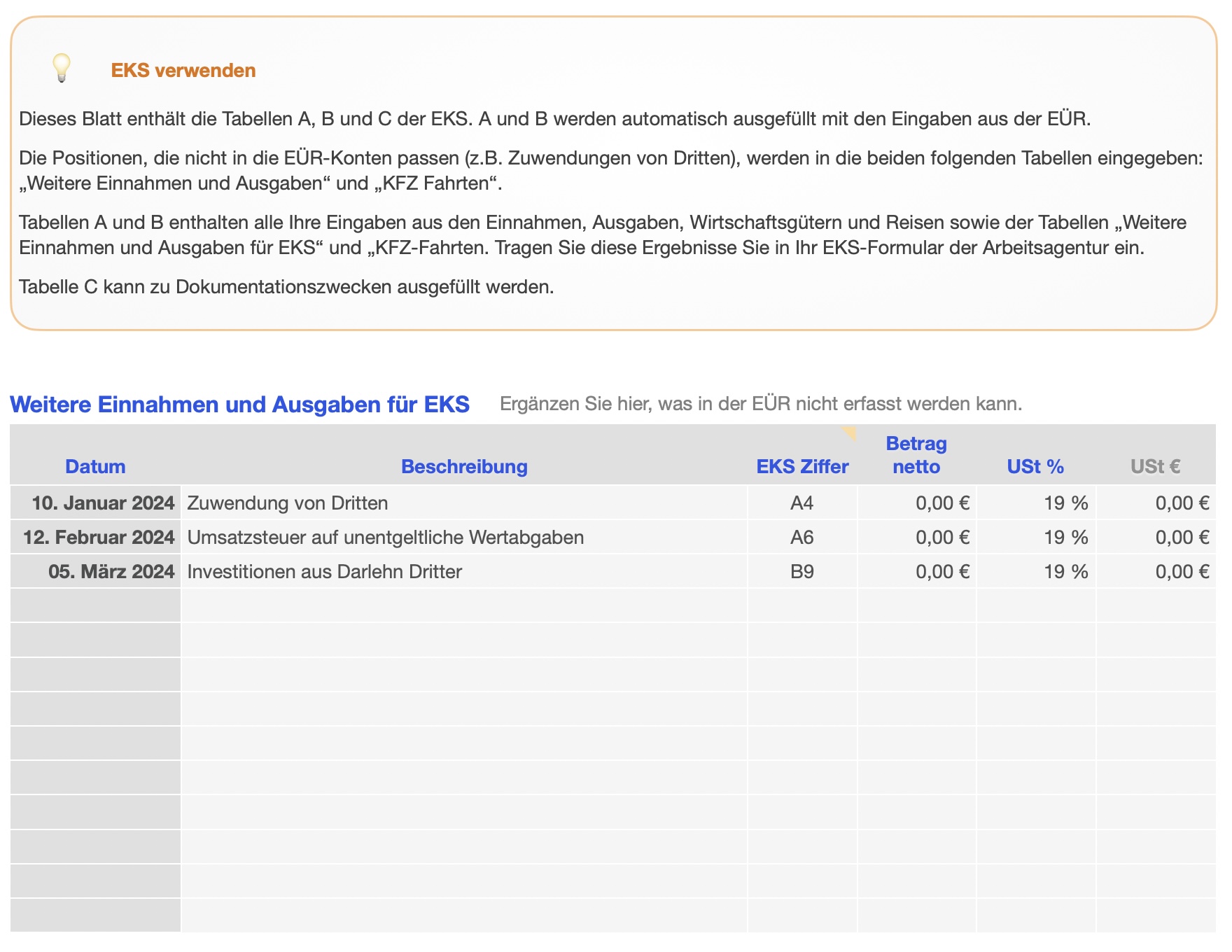 Einnahmen-Überschuss-Rechnung 2024 + EKS der Arbeitsagentur | Numbersvorlagen.de